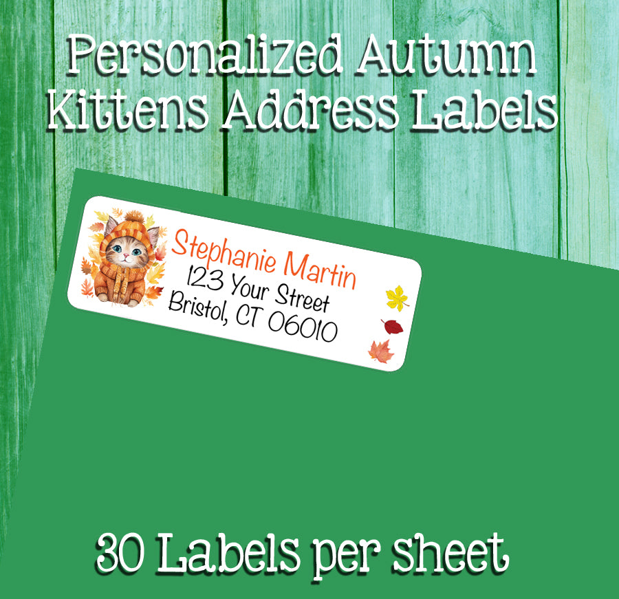 Personalized Cute Autumn Kittens Cats in Leaves Address Labels, Sets o