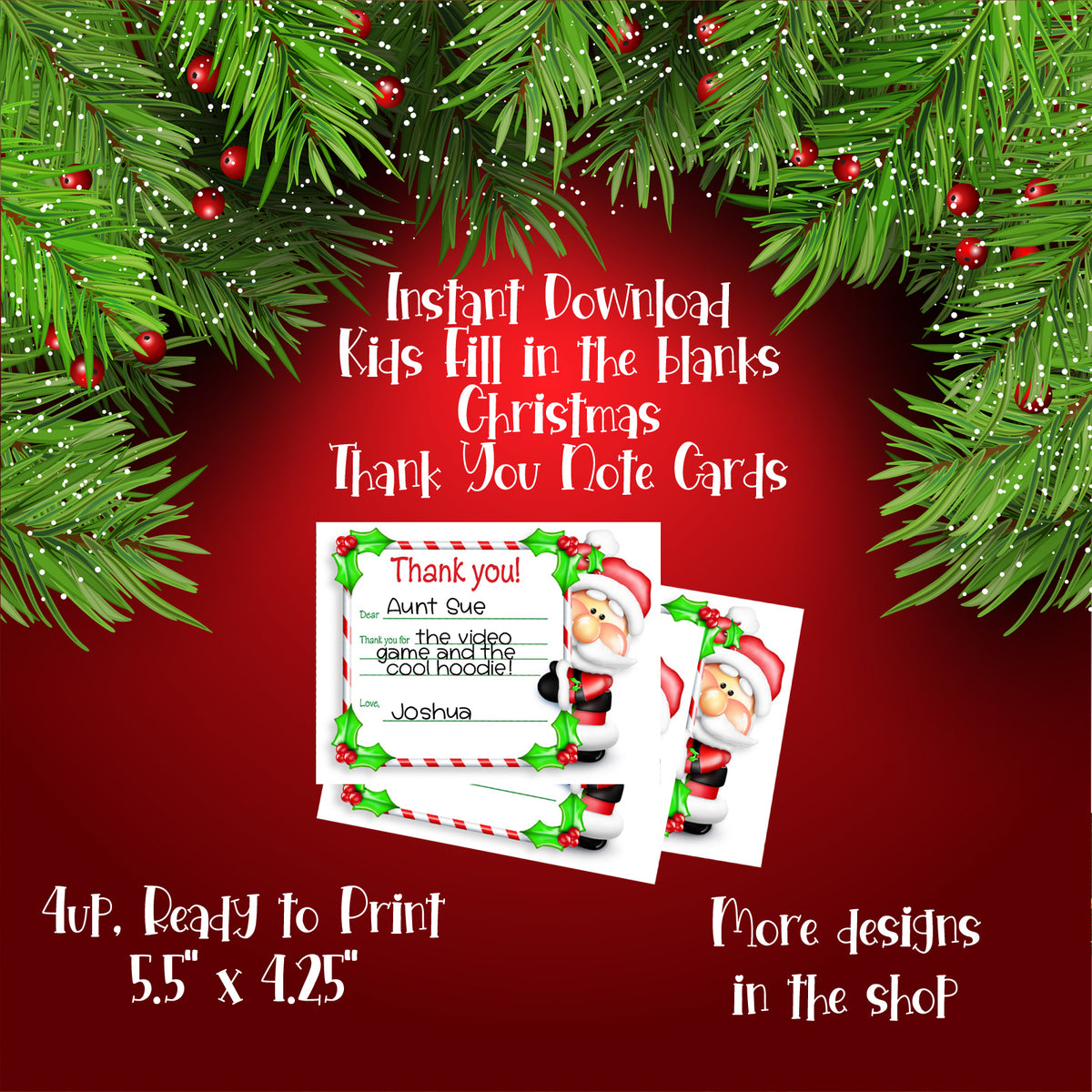 Children's Christmas Thank You Note Cards, Digital Printable, Fill in