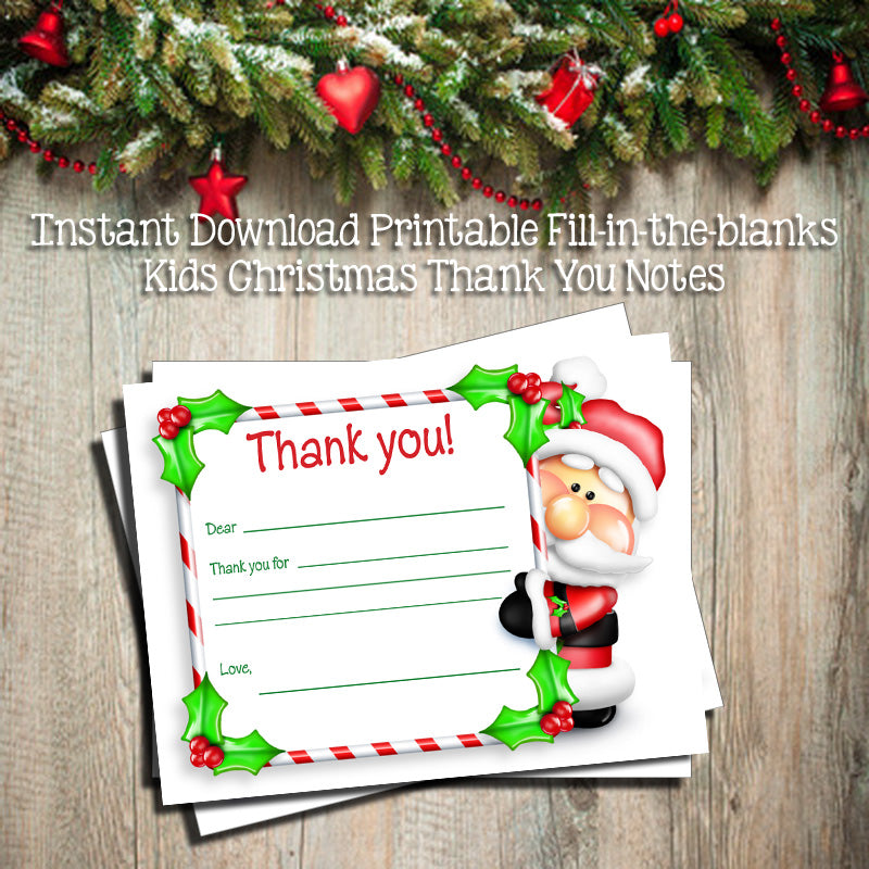 Children's Christmas Thank You Note Cards, Digital Printable, Fill in