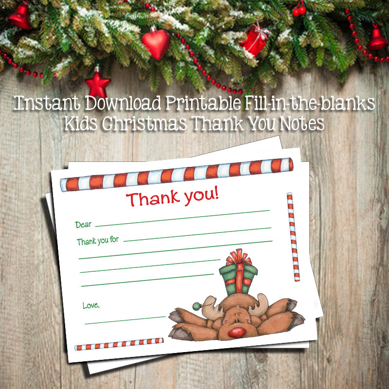 Children's Christmas Thank You Note Cards, Digital Printable, Fill in
