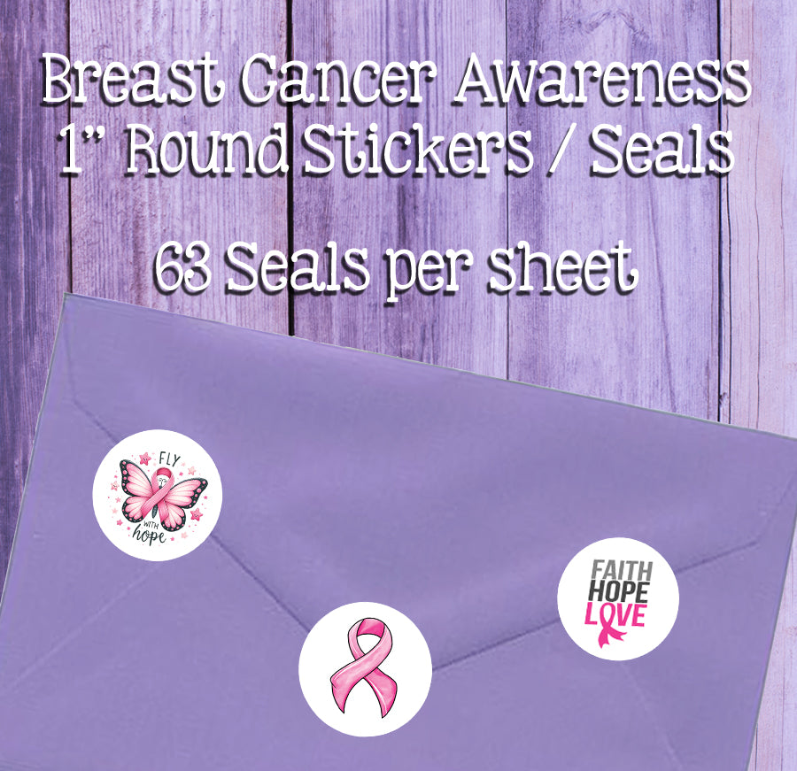 Breast Cancer Awareness Seals Stickers Pink Butterfly Ribbon, 1" Round