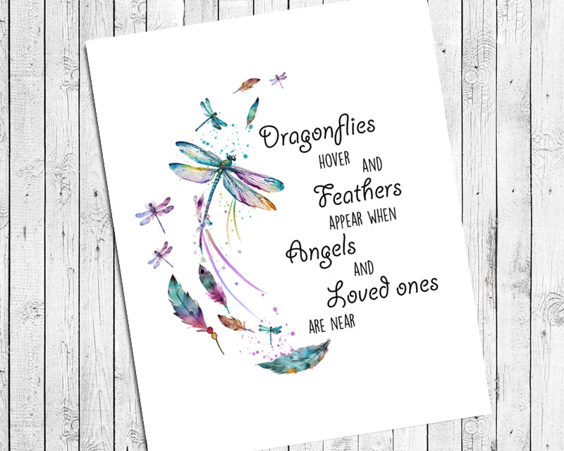 Dragonfly Angels and Feathers Memorial Quote 8x10 Printable Instant Do