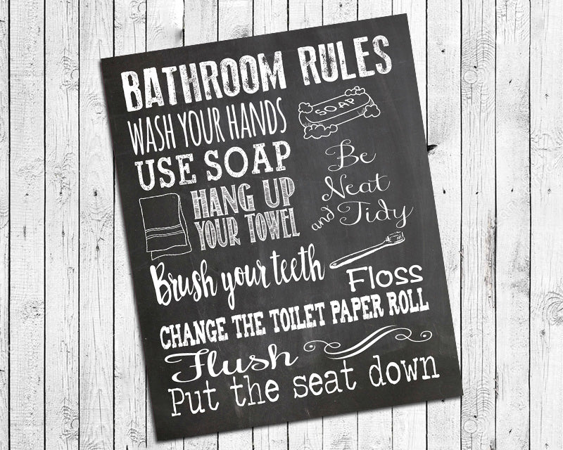 BATHROOM RULES 8x10 Typography Art Print, Choice of 8 Colors