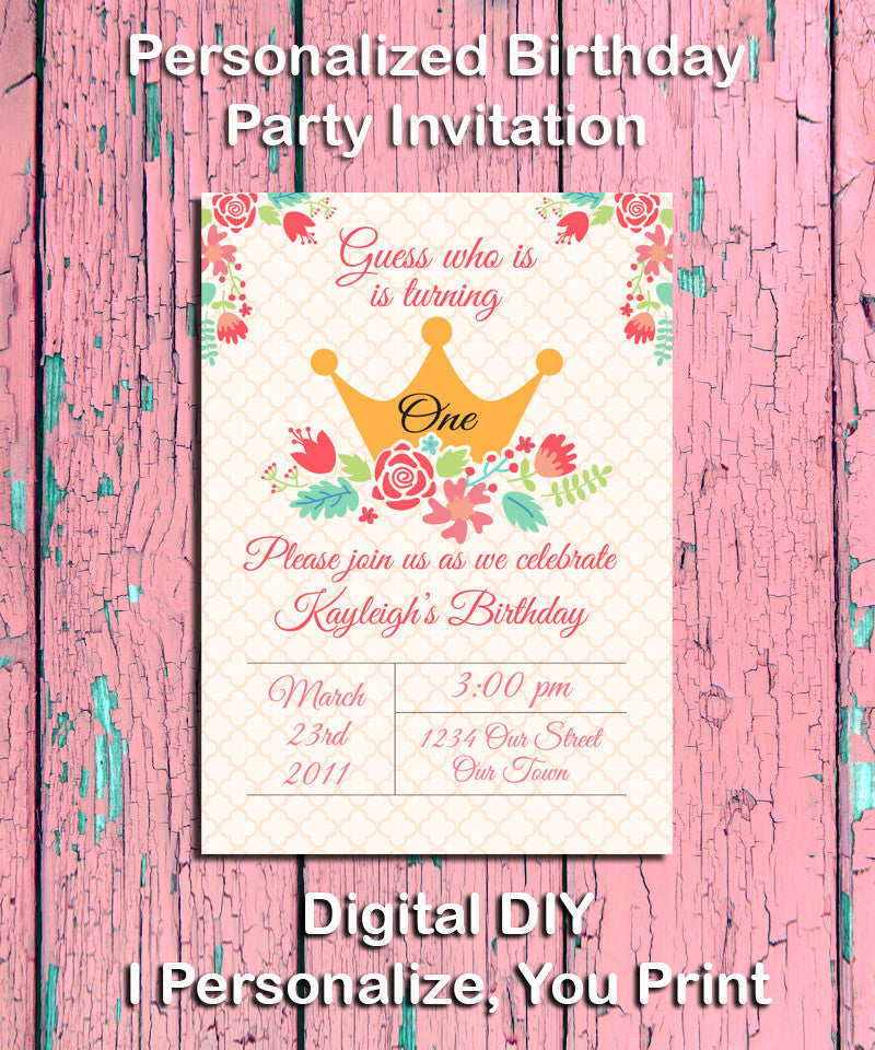 Printable PRINCESS Birthday Party Invitation, Little Girl - Personaliz